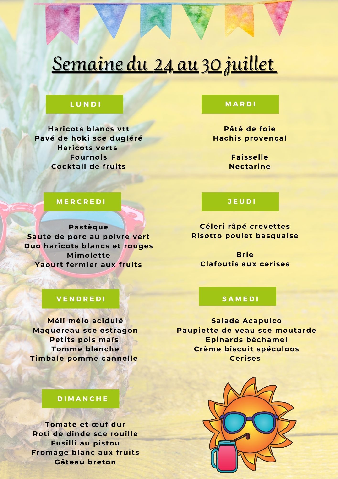 Repas variés du 24 au 30 juillet 2023. - Les Menus Services