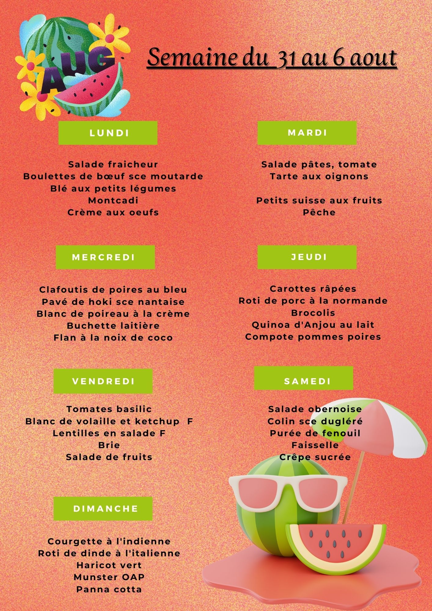 Menus équilibrés du 31 au 6 aout 2023. - Les Menus Services