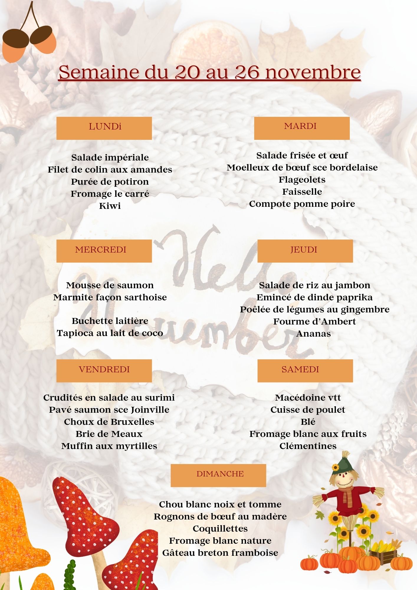 Menus équilibrés du 20 au 26 novembre 2023. - Les Menus Services