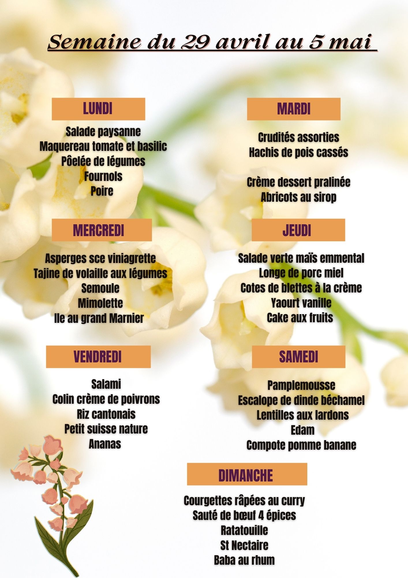 Repas variés du 29 au 5 mai 2024. - Les Menus Services